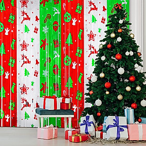 LOLStar Christmas Party Decoration, 4 Pack Christmas Themed Pattern Foil Fringe Curtains 3.3 X 6.6 ft Red Silver Green Tinsel Fringe Photo Backdrop Streamer Backdrop for Christmas, Ugly Sweater Party