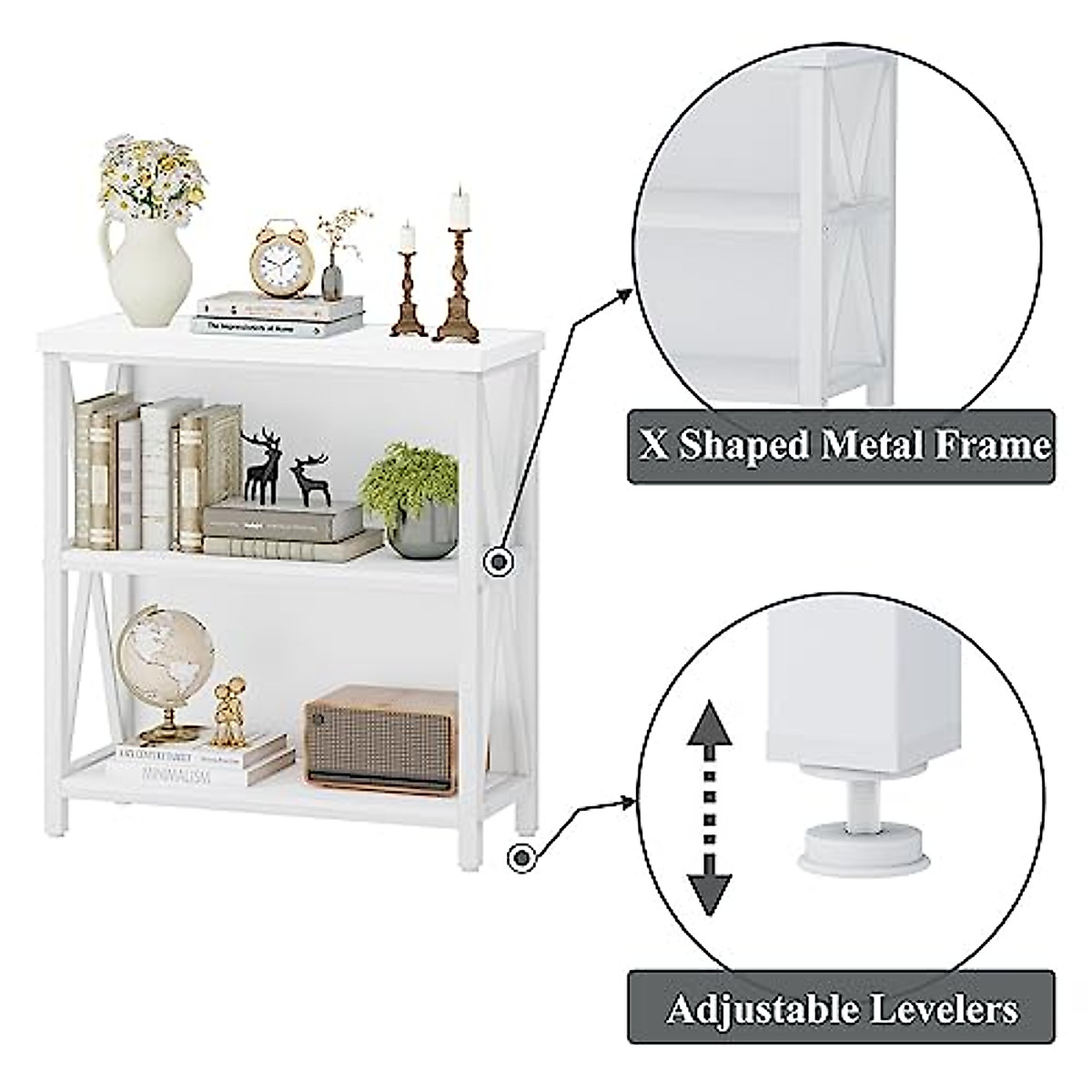 FATORRI Small Bookcase, Bookshelf for Small Space, Short Rustic Bookshelf, Wood and Metal Book Case and Book Shelf (White Oak)