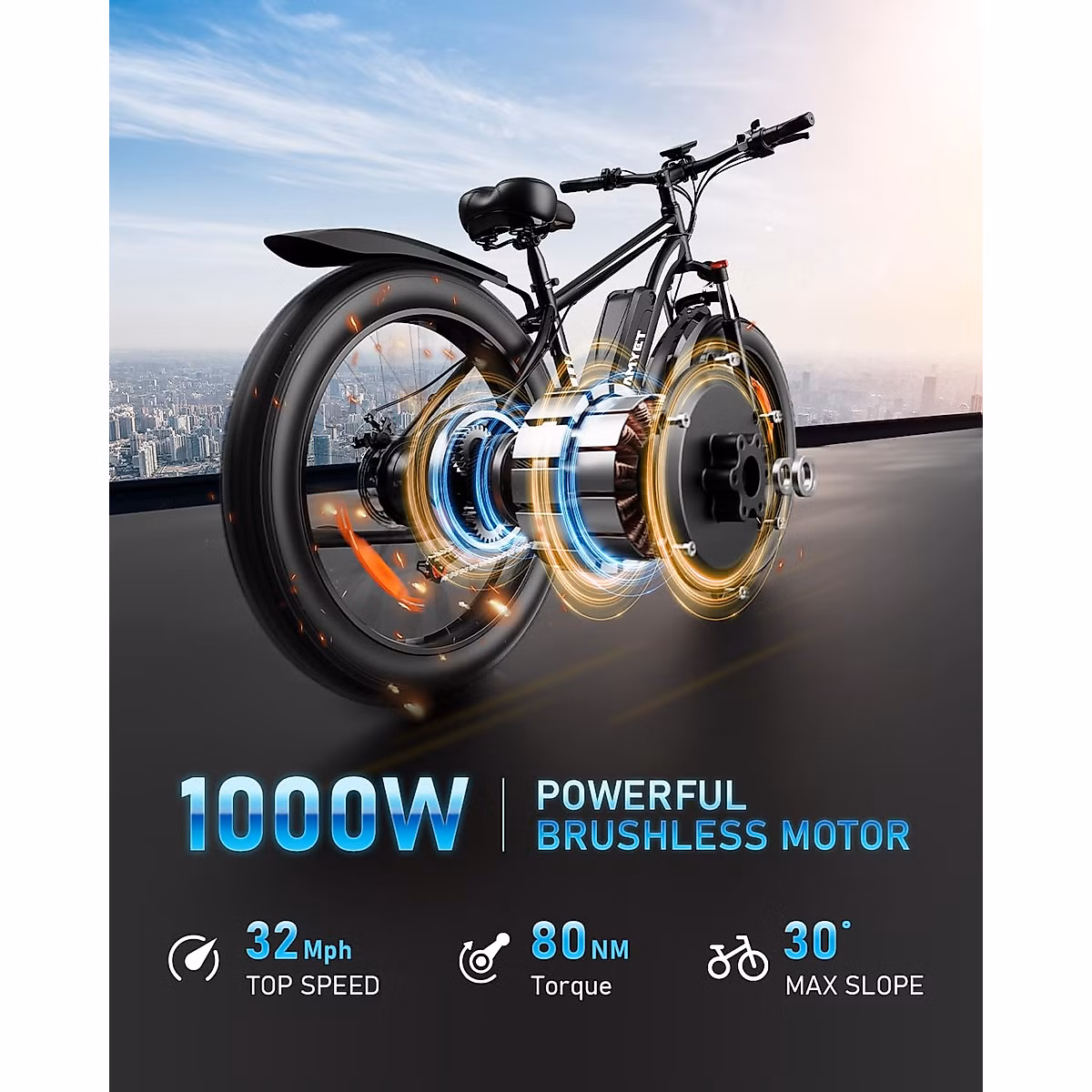 AMYET EB26 Electric Bike for Adults Peak 1500W Electric Bicycle 48V 15AH (720WH) Battery Electric Bike 26" Fat Tire Mountain 28mph 7 Speed Gears Dual Shock Absorber Ebike (Black)