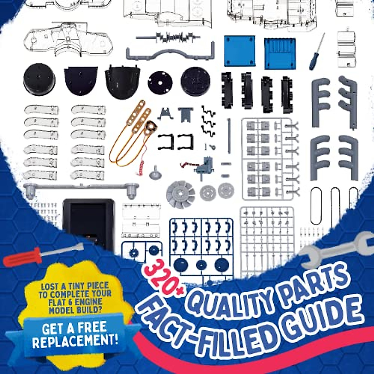 Playz Flat 6 Model Engine Building Kit - 320+ Pieces Revved-Up Internal V8 Style Combustion to Build Your Own Mini Engine That Works - DIY STEM Project & Gift for Kids, Teens, & Hobby Kit for Adults