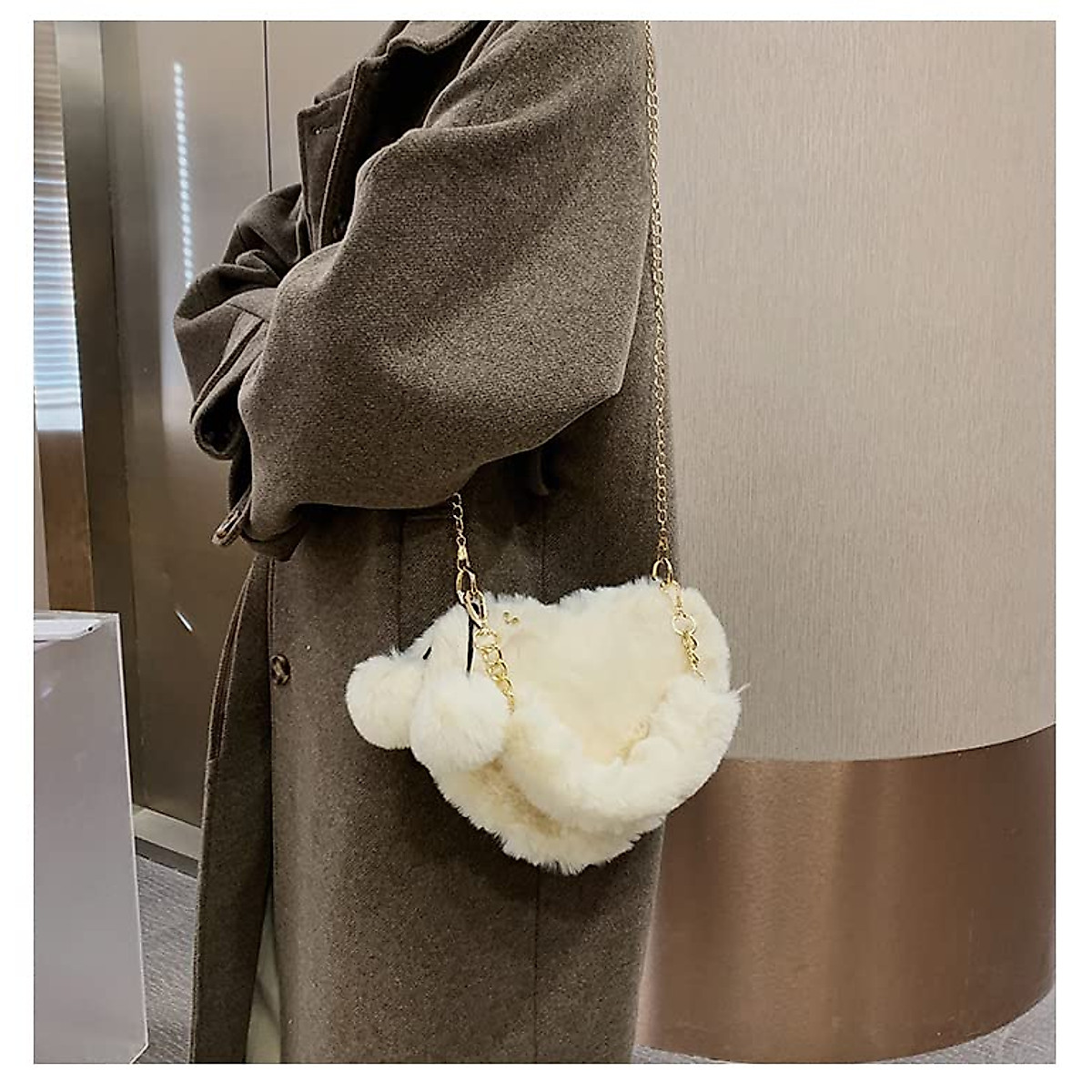 Rejolly Furry Purse for Girls Heart Shaped Fluffy Faux Fur Handbag for Women Soft Small Valentine's Day Shoulder Bag Clutch Purse with Pom Poms Creamy White