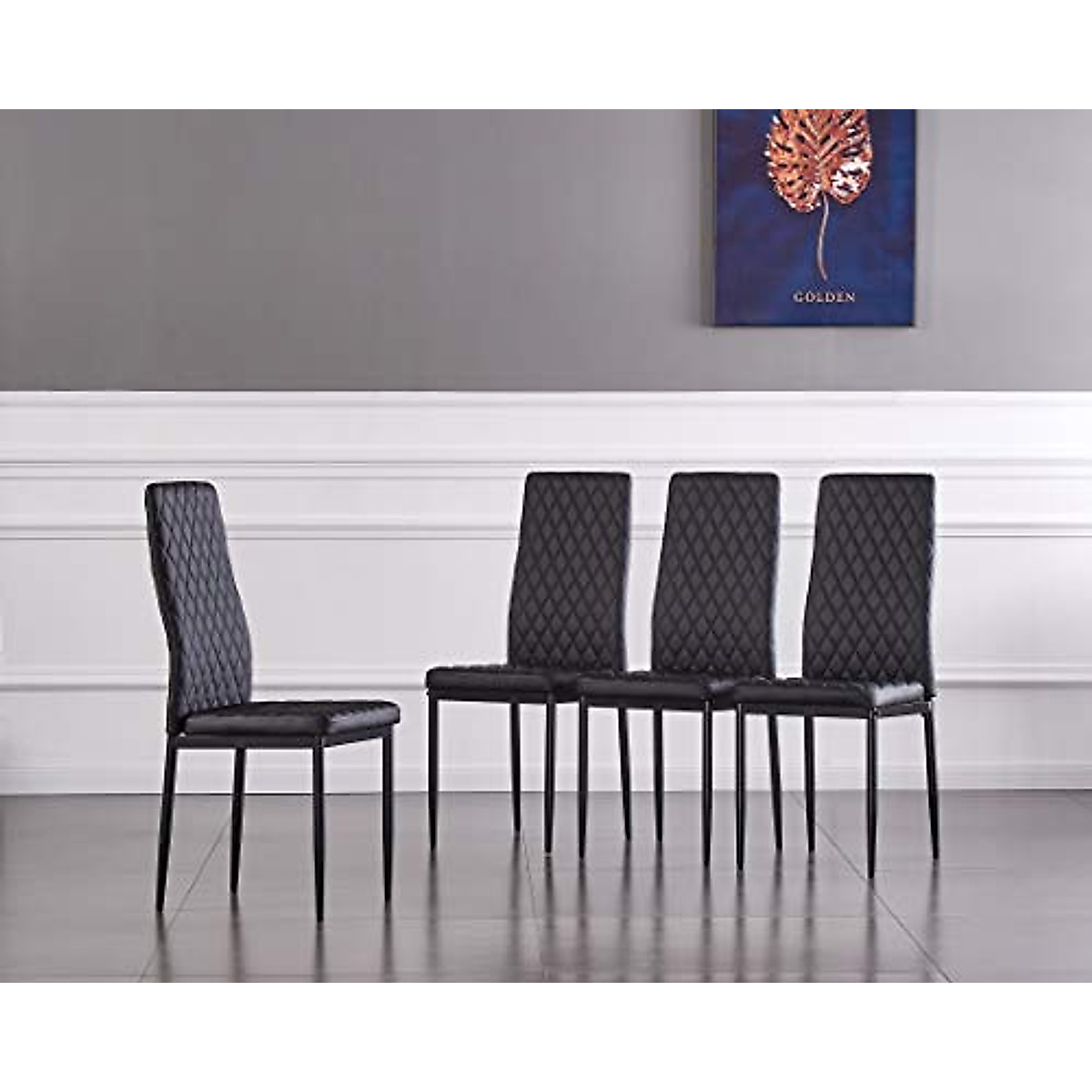 JT Modern Minimalist Dining Chair Fireproof Leather Sprayed Metal Pipe Diamond Grid Pattern Restaurant Home Conference Chair Set of 4 Or 6 (6, Black)
