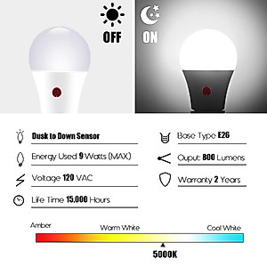 Emotionlite Dusk to Dawn Sensor Light Bulbs Outdoor,Neutral White LED Bulbs, 60 Watt Equivalent, Automatic On/Off, Porch, Patio,Garage, Hallway, Basement, A19 Size, 9W, E26 Medium Base (3 Pack)