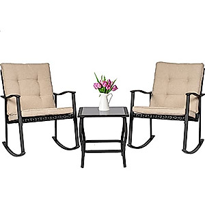 Oakmont 3-Piece High Back Outdoor Rocking Chair Patio Furniture Bistro Sets 2 Chairs with Glass Coffee Table, All-Weather Steel Frame(Black)