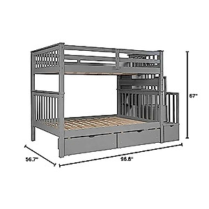ATY Full Over Full Bunk Bed with Stairs and 6 Storage Drawers, Wood Stairway Bedframe w/ 3 Shelves, Can be Divided into Two Beds, No Box Spring Needed, Gray