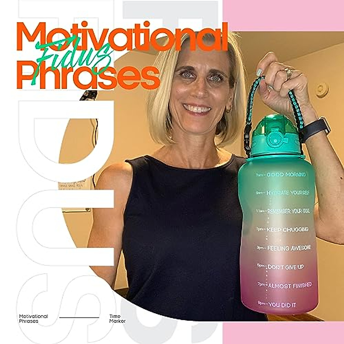 Fidus Large 1 Gallon Motivational Water Bottle with Paracord Handle & Removable Straw - BPA Free Leakproof Jug with Time Marker to Ensure You Drink Enough Water Throughout the Day-Green/Purple