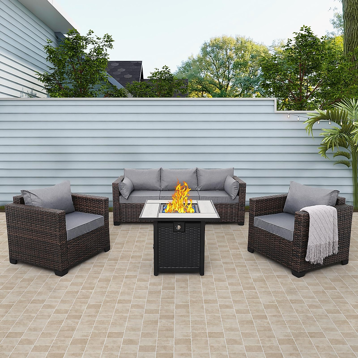 Valita Patio Rattan Furniture Set 4-Piece Outdoor PE Wicker Conversation Couch, Brown Sectional Sofa Couch with 50,000BTU Adjustable Fire Pit Table Non-Slip and Washable Gray Cushions