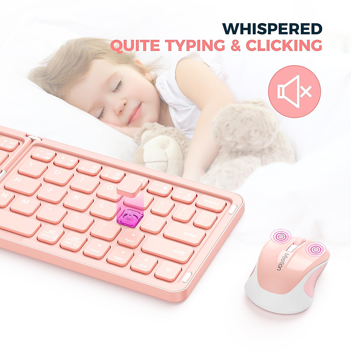 MEETION Foldable Keyboard and Mouse, Portable Bluetooth Keyboard and Mini Mouse with Stand Holder, for Travel, Business, Gifts, USB-C Rechargeable, Travel Keyboard Mouse for iPad Tablets Laptop, Pink