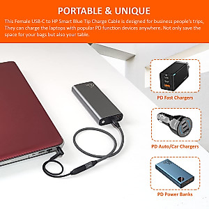 RAINSUNG USB-C to Smart Blue Tip Adapter Charging Cable for HP Laptop 19.5v 45w 65w, Female USB C Converter Power Charger Adapter Cord for X360 Pavilion Envy Spectre Elitebook 840 ProBook