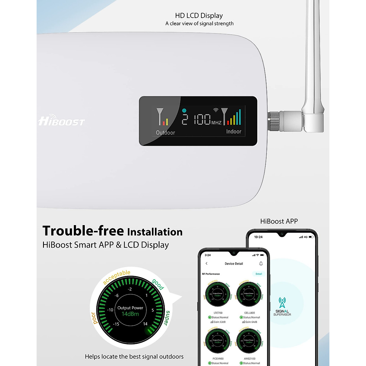HiBoost Cell Phone Booster for All Carriers| Up to 2000 Sq Ft| Cell Signal Booster Display Screen| High Power Outdoor Receiving Antenna|for 5G/4G/3G LTE |App Service + Install|FCC Approved