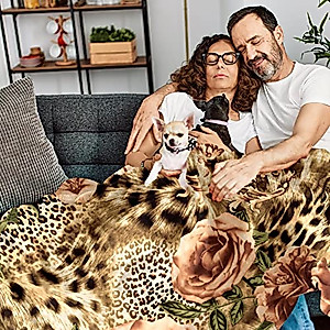 Bedding Bed Blanket Queen Size Plush Blanket Fleece Blanket for Bed and Couch, Leopard Print Retro Rose Floral