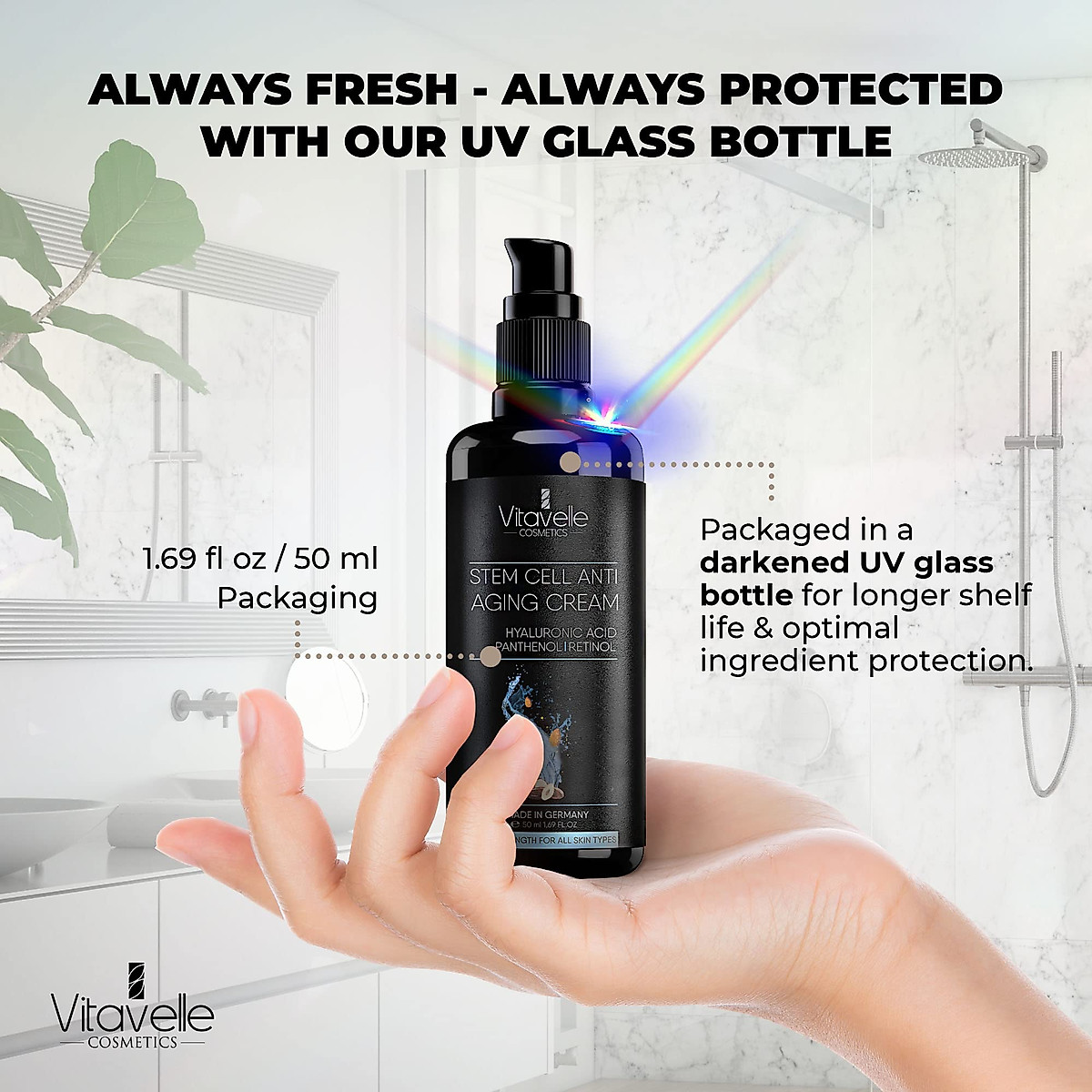 VITAVELLE Stem Cell Face Cream - Hyaluronic Acid, Shea Butter & Jojoba - Anti-Wrinkle, Hydrating Moisturizer for Smooth Skin