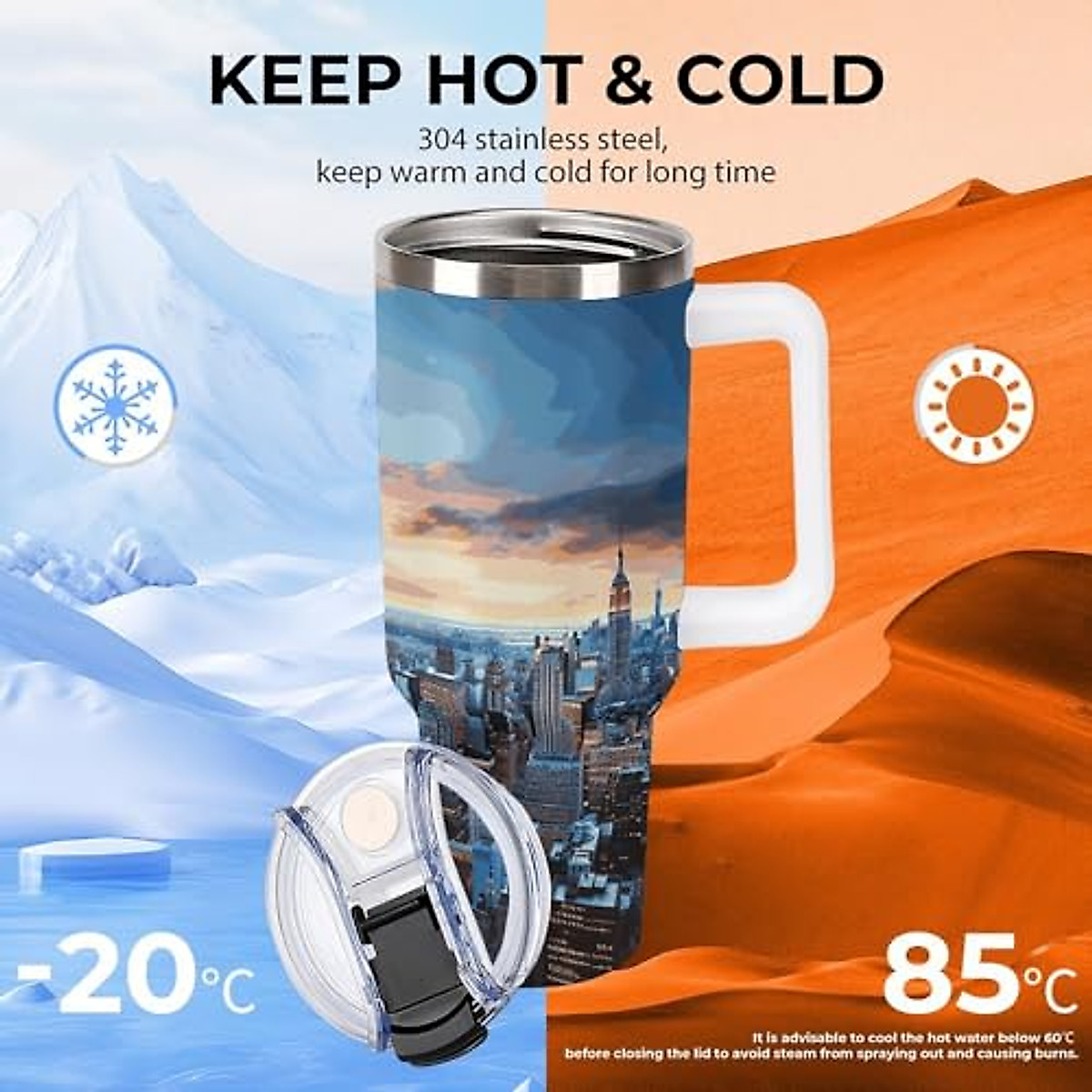 LLUTSNTH 40 Oz Vacuum Tumbler with White Handle Leakproof Insulated Tumbler New York City Skyline Stainless Steel Travel Mug with Lid And Straw Coffee Cup Cute Water Bottles Cup Holder Friendly