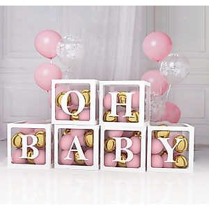 POSHBEBE Baby Shower Decorations for Girl and Boy - 6 Clear Boxes with OH and BABY Stickers - Gender Reveal Transparent Box for Balloons, Birthday, Bridal Shower And Wedding Decorations