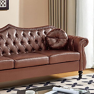 Modern PU Tufted Couch 3 Seater with Rolled Arms and Nailhead, Deep Button Nailhead Tufted Black Upholstered Couches, Roll Arm Classic Tufted Chesterfield Settee Leather Sofa for Living Room (Brown)
