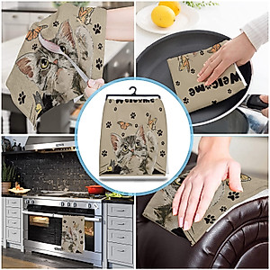 Big buy store Kitchen Towels Set of 4 Cat Welcome Butterfly Dish Towels and Dishcloths Sets Decorative Tea Towel Retro Paws Absorbent Hand Towels for Kitchen Drying Bathroom Decor Gift 18x28 Inch