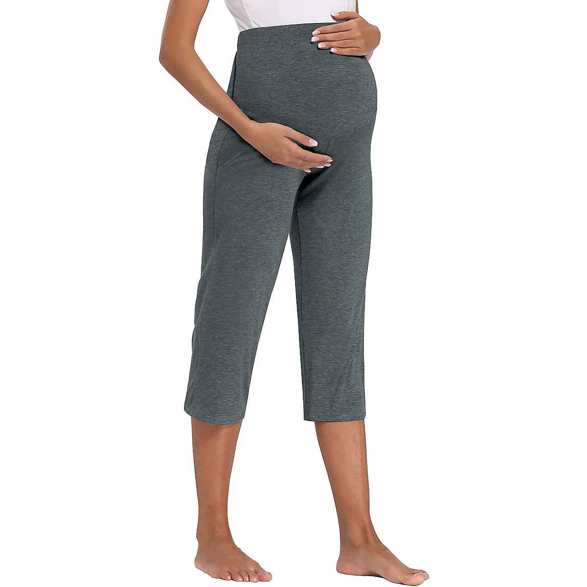 AMPOSH Women's Maternity Capri Pants Stretchy Lounge Pants Comfortable Pregnancy Shorts(Dark Gray with Pockets, XXL)