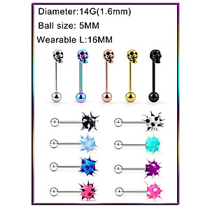 Prjndjw 14G Tongue Rings 13Pcs Surgical Steel Tongue Rings Skull Tongue Rings Koosh Spiky Tongue Rings Silicone Soft Spike Ball Tongue Piercing Jewelry Women Men