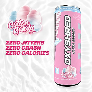 EHP Labs OxyShred Ultra Healthy Energy Drink - Zero Sugar Energy Drinks with Amino Acids, Green Tea Extract, Vitamin C & L Carnitine - Zero Carbs, Zero Calories, Clean Caffeine, Cotton Candy (12-Pack)
