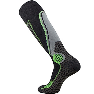 Pure Athlete High Performance Wool Ski Socks - Thermal Warm Merino Wool OTC Sock, Men Women (1 Pair - Black/Grey/Neon Green, Small)