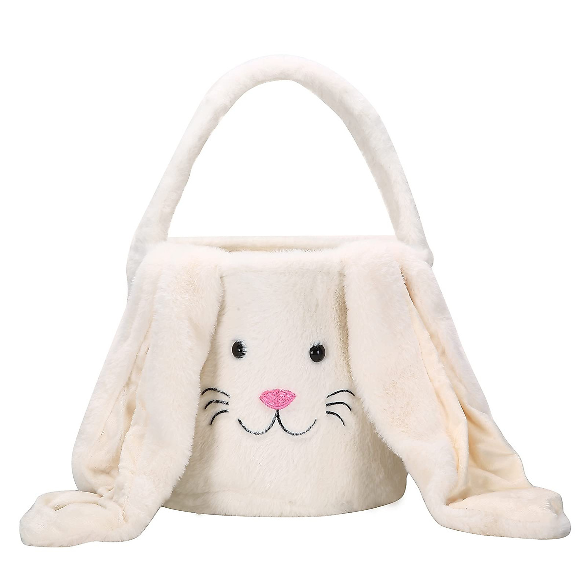 E-FirstFeeling Plush Easter Bunny Basket Easter Basket for Kids Easter Egg Hunt Basket with Ears Bunny Bucket Tote for Easter Eggs Candy (Plush-White)