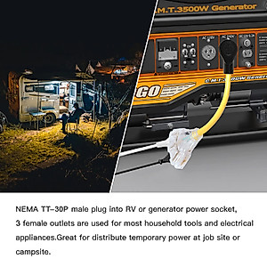 EXCELFU 30 Amp to 110 Adapter, 30 Amp to 15 Amp RV Adapter Extension Cord, NEMA TT-30P Male to 5-20r Female LIT 3-Way Outlet Splitter with Lighted End for RV Generators, 125 Volt, 10AWG, 2ft