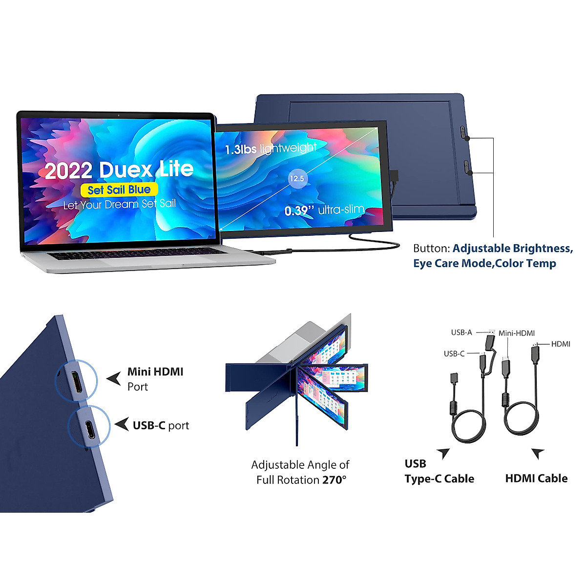 Mobile Pixel Duex Lite 12.5" Full HD USB Mobile Monitor Navy 101-1005P05 , (Renewed)