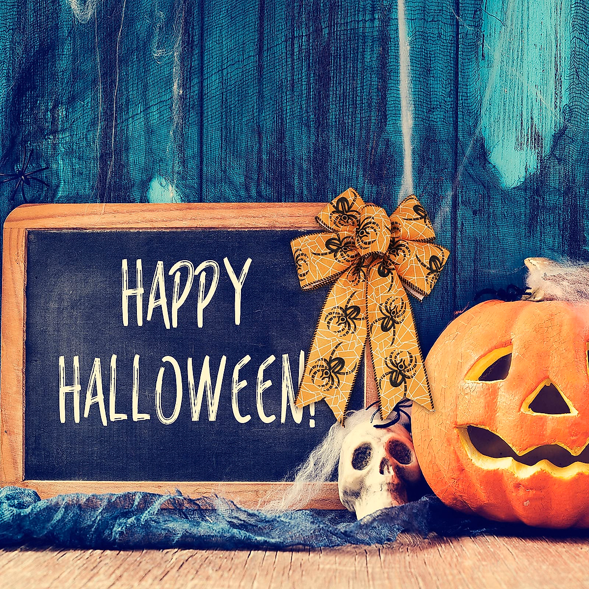 6 Rolls 30 Yards Halloween Wired Edge Ribbons Stripe Burlap Printed Ribbon Spider Web Pumpkin Ribbon Happy Halloween Decorative Wrapping Ribbon for Halloween DIY Craft Floral Bow