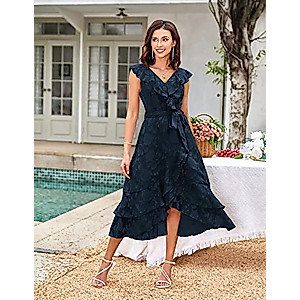 Women's Summer Long Dresses for Women Wedding Guest Floral Textured Wrap V Neck Boho Flowy Dress Navy Blue XL