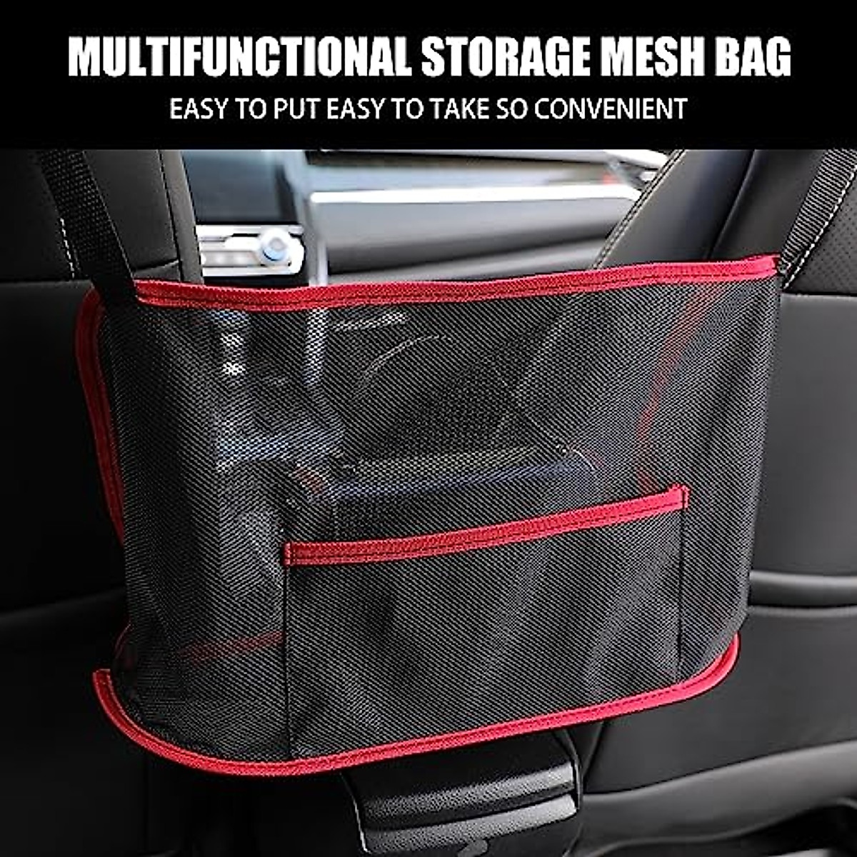 NGHEY 1 PC Car Pocket Barrier Protection, Large Capacity Storage Pouch, Car Net Pocket Handbag Holder, Barrier of Backseat Pet Kids, for Purse, Phone, Documents, Key (Red #2 Pockets)
