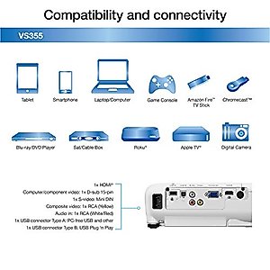 Epson VS355 WXGA 3,300 lumens color brightness (color light output) 3,300 lumens white brightness (white light output) HDMI 3LCD projector
