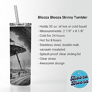 Martian Alien Invasion Tripod War Machine Retro Black and White Skinny Tumbler 20oz with Straw Insulated Water Bottle Gift