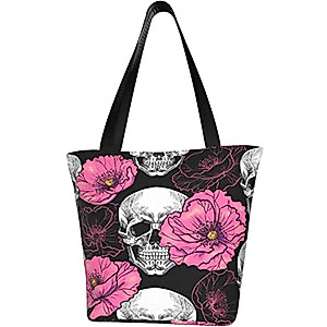 Sugar Skull Pink Poppy Flower Women's Shoulder Handbag Gym Tote Bag Storage Handle Bag