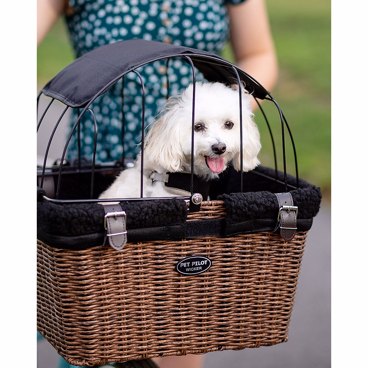 Travelin K9 Pet-Pilot MAX Wicker Bike Basket for Dogs/Cats - Includes Wire Cage Top w/Sun Shade + Plush Removable Padded Liner