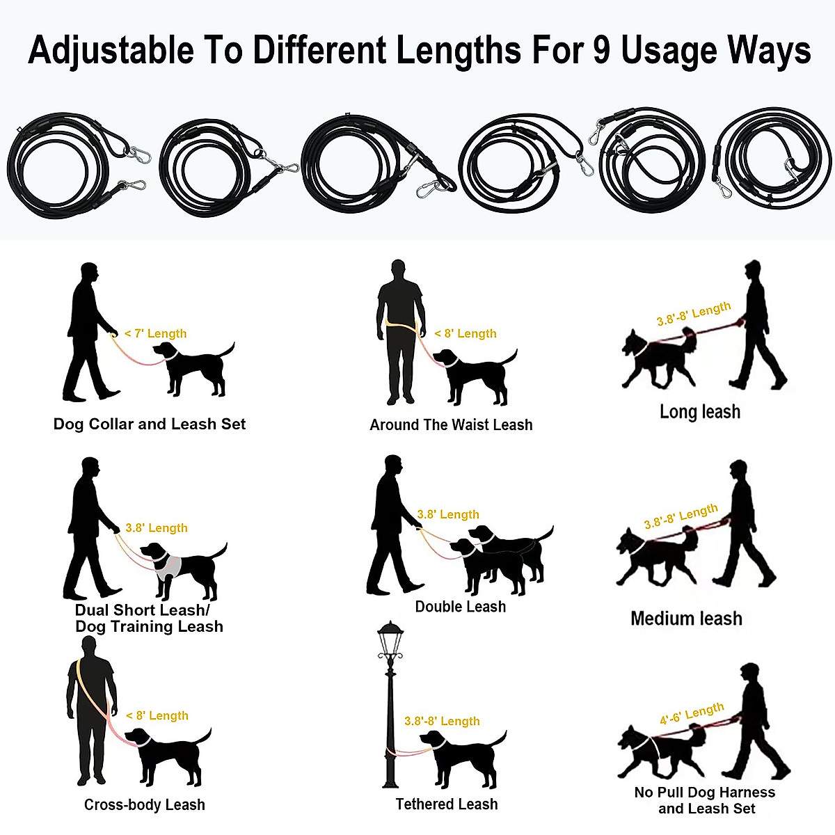 Tiesenci Hands Free Dog Leash Crossbody 8' 9-in-1 Waist Leash for Dog Walking Adjustable Waterproof Dog Leash for Swimming Running No Pull Dog Harness and Leash Set (Large, 20-120 lbs, Matte Black)