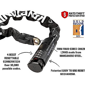 Kryptonite Keeper 712 Combo Bike Chain Lock, 4 Feet Long 7mm Steel Chain Heavy Duty Anti-Theft Bicycle Chain Lock, 4-Digit Resettable Combination Lock for E-Bike Scooter Road Mountain Bikes