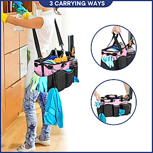 LoDrid Large Professional Cleaning Caddy with Detachable Divider, Supply Organizer with Handle and Shoulder Strap, Cleaning Bags for Housekeepers & Cleaners, Pink