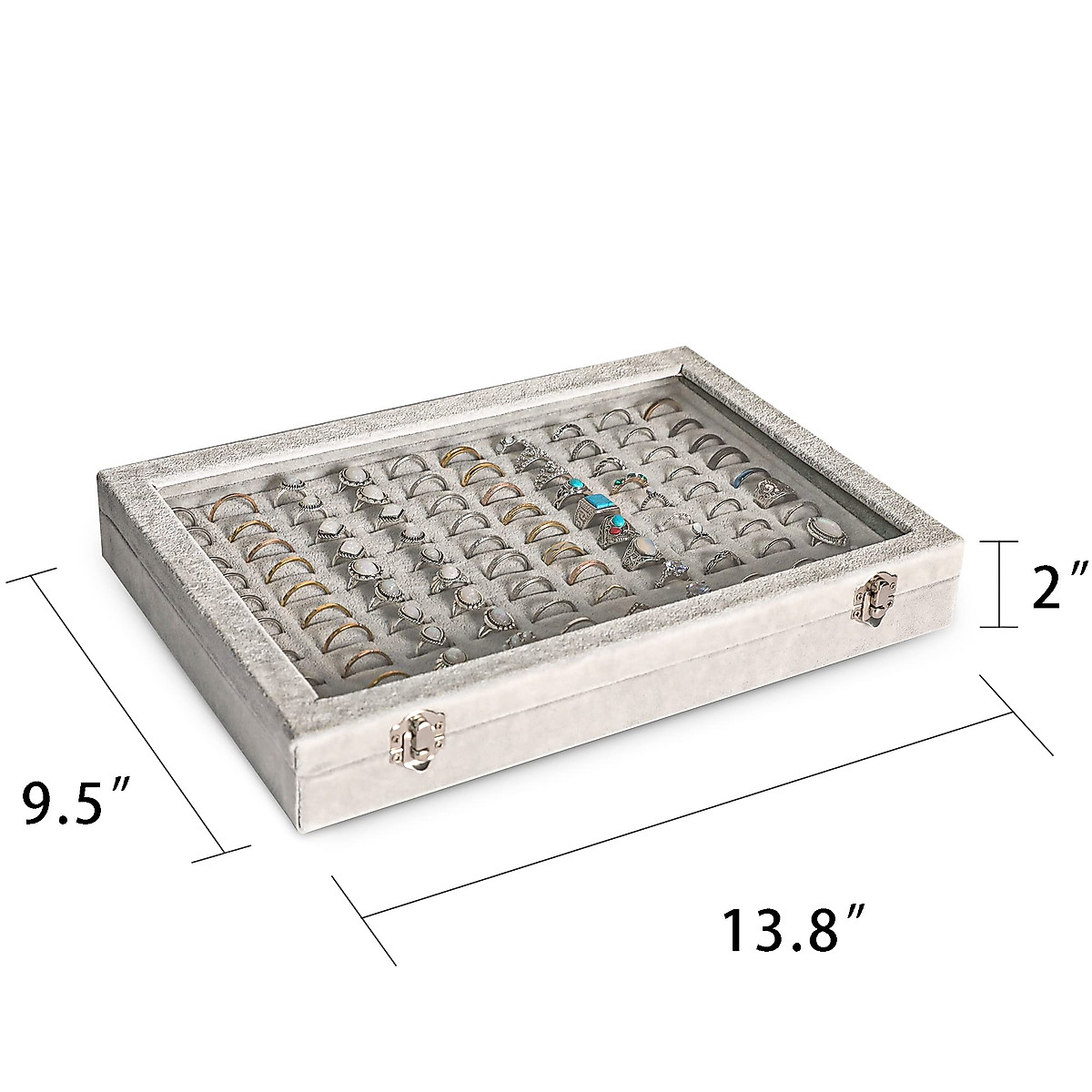 Frebeauty Ring Organizer Tray 100 Slots Ring Holder with Clear Lid Velvet Ring Storage Box Ring Tray for Jewelry Store Ring Display Case for Jewelry Show Ring Box for Women(Grey)