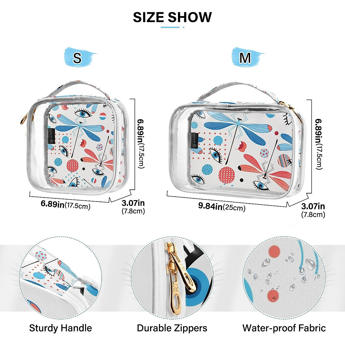 Dragonfly Eyes 2 Pieces Clear Makeup Cosmetic Toiletry Bags for Women PVC Waterproof Portable Travel Storage Carry Pouch with Gold Zippers Organizer Case for Traveling Vacation Bathroom Organizing