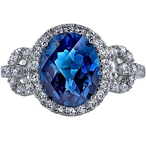 PEORA London Blue Topaz Ring for Women 14K White Gold, Natural Gemstone Birthstone, Large 3 Carats Oval Shape 10x8mm, Comfort Fit, Size 9