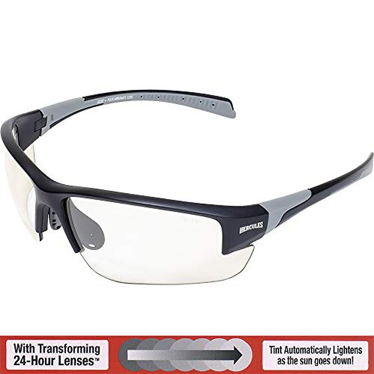 Global Vision Hercules 7 24-Hour Transitional Clear to Smoke Lens Safety Sunglasses Photochromic (Black)
