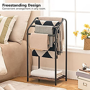 HOOBRO Freestanding Towel Rack, 4 Tier Blanket Rack Stand, 16.3"L x 11.2"W x 31.3"H, Blanket Ladder Holder, Quilt Rack, Drying and Display Rack, Living Room, Bathroom, Rustic Brown and Black BF64LB01