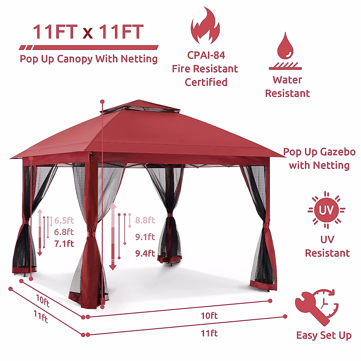 UDPATIO 11'x11' Pop up Gazebo Canopy Tent, Outdoor Patio Waterproof Gazebo with Mosquito Netting for Lawn, Garden, Backyard and Deck, Red