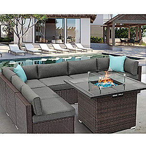HOMPUS Outdoor Patio Furniture 7-Piece Wicker Sectional Sofa，Dark Gray Cushions w 32-inch Square Propane Fire Pit Table(40,000 BTU)，Internal Tank Storage，Glass Wind Guard