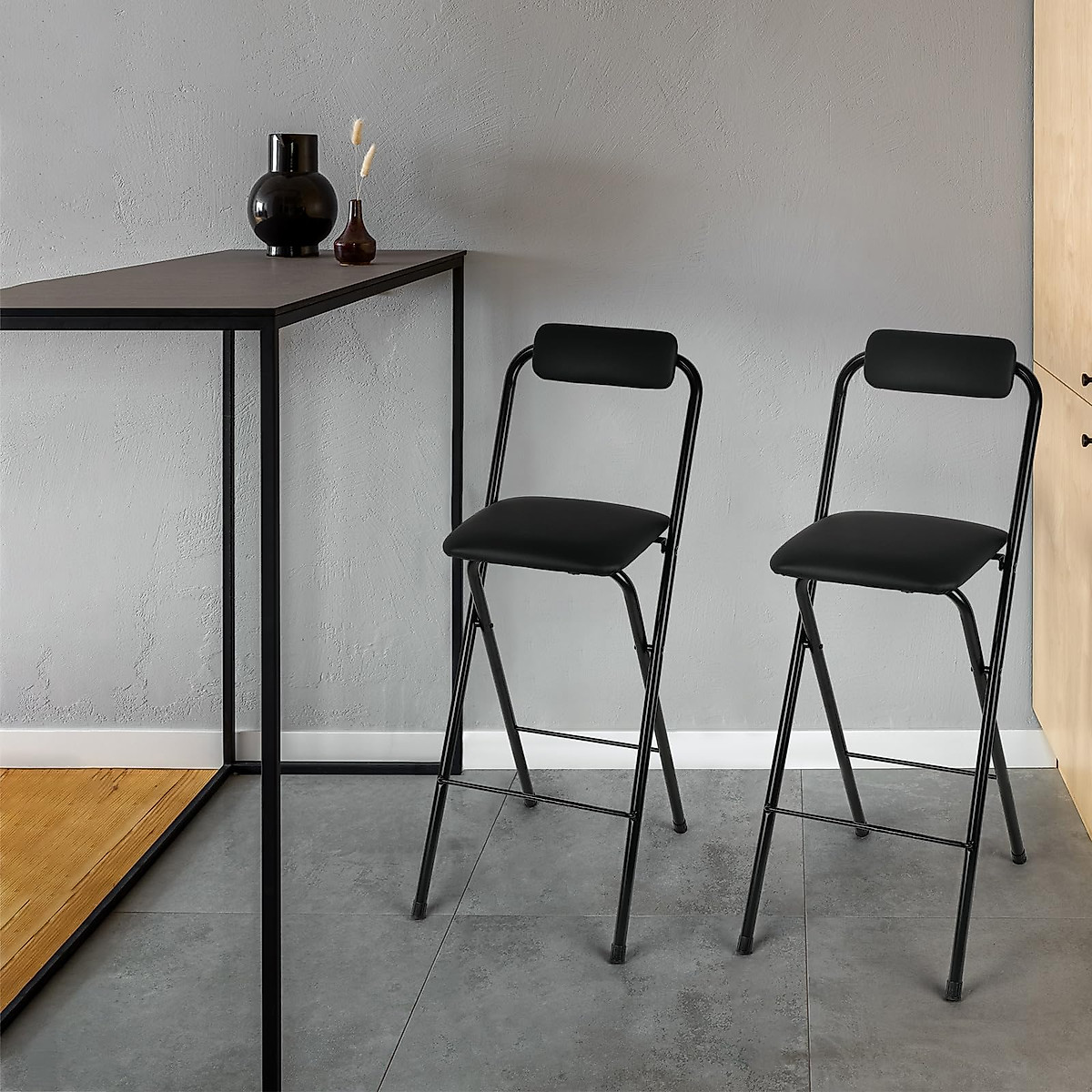 Thyle 1 Pcs Folding Bar Stool with Backrest, Tall Foldable Stool Chair Portable High Folding Bar Chair Counter Height Seat Leather Padded for Kitchen Island Shop Cafe Dining Room Black (27.5 Inch)