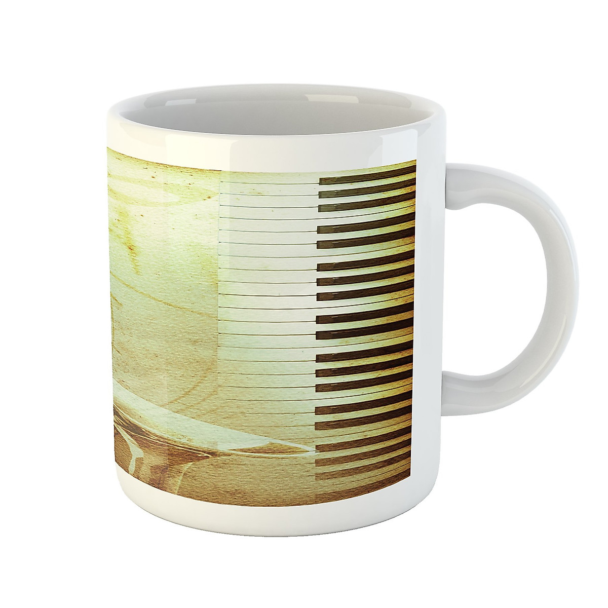 Lunarable Music Mug, Print of Piano Keys on Background with Music Notes Image Nostalgia Jazz Theme, Printed Ceramic Coffee Mug Water Tea Drinks Cup, Pale Yellow Black