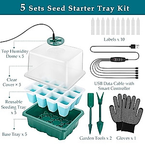 Seed Starter Tray with Grow Light, 60 Flexible Cells 5 PCS Seed Starter Kit, Reusable Seedling Starter Trays with Humidity Dome and High Lid, Germination Trays for Indoor Greenhouse Seed Starter