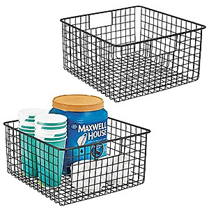 mDesign Metal Wire Food Storage Basket Organizer with Handles for Organizing Kitchen Cabinets, Pantry Shelf, Bathroom, Laundry Room, Closets, Garage - Concerto Collection - 2 Pack - Black