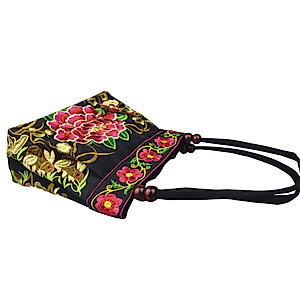 Women's Unique Vintage Hobo Tote Bags Red Peony Floral Embroidered Shoulder Handbags Bags for Lady