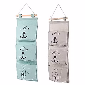 TOYANDONA Grey Wall Hanging Storage Bag Linen Farbric Over The Door Organizer Hanging Storage Pouches with 3 Pockets for Bedroom Bathroom Closet Green/ 2pcs